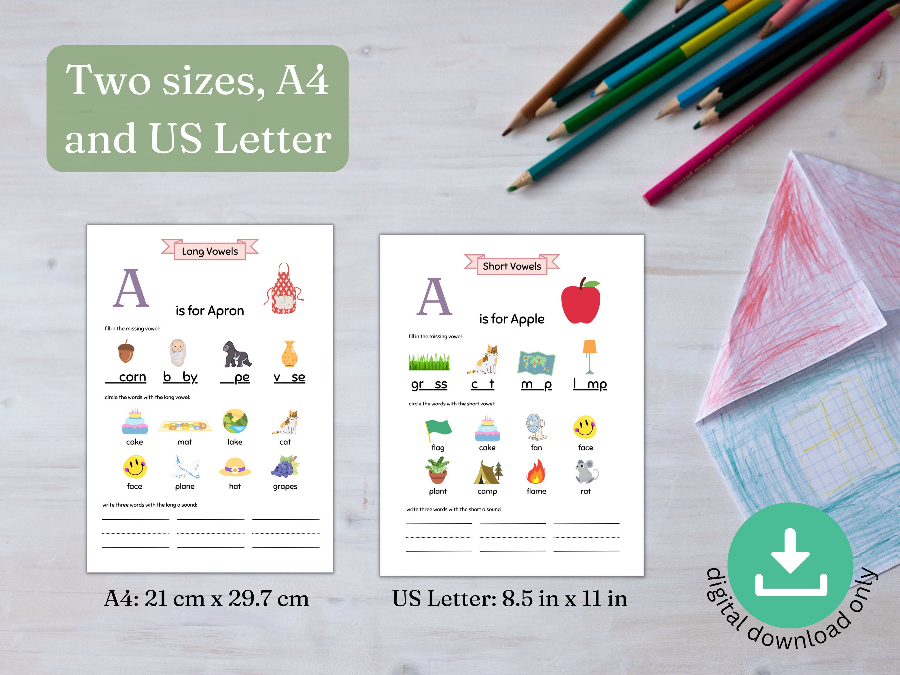 Vowel Worksheet Bundle, Long and Short Vowels, Homeschool Worksheets ...