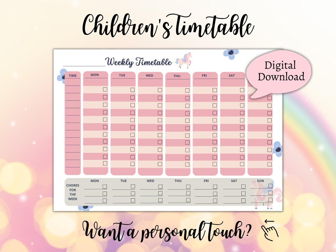 Unicorn Timetable for Kids, Children's Schedule, Weekly Planner, Visual ...