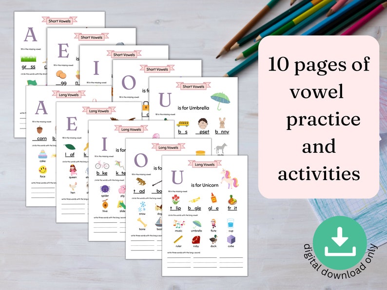 Vowel Worksheet Bundle, Long and Short Vowels, Homeschool Worksheets ...