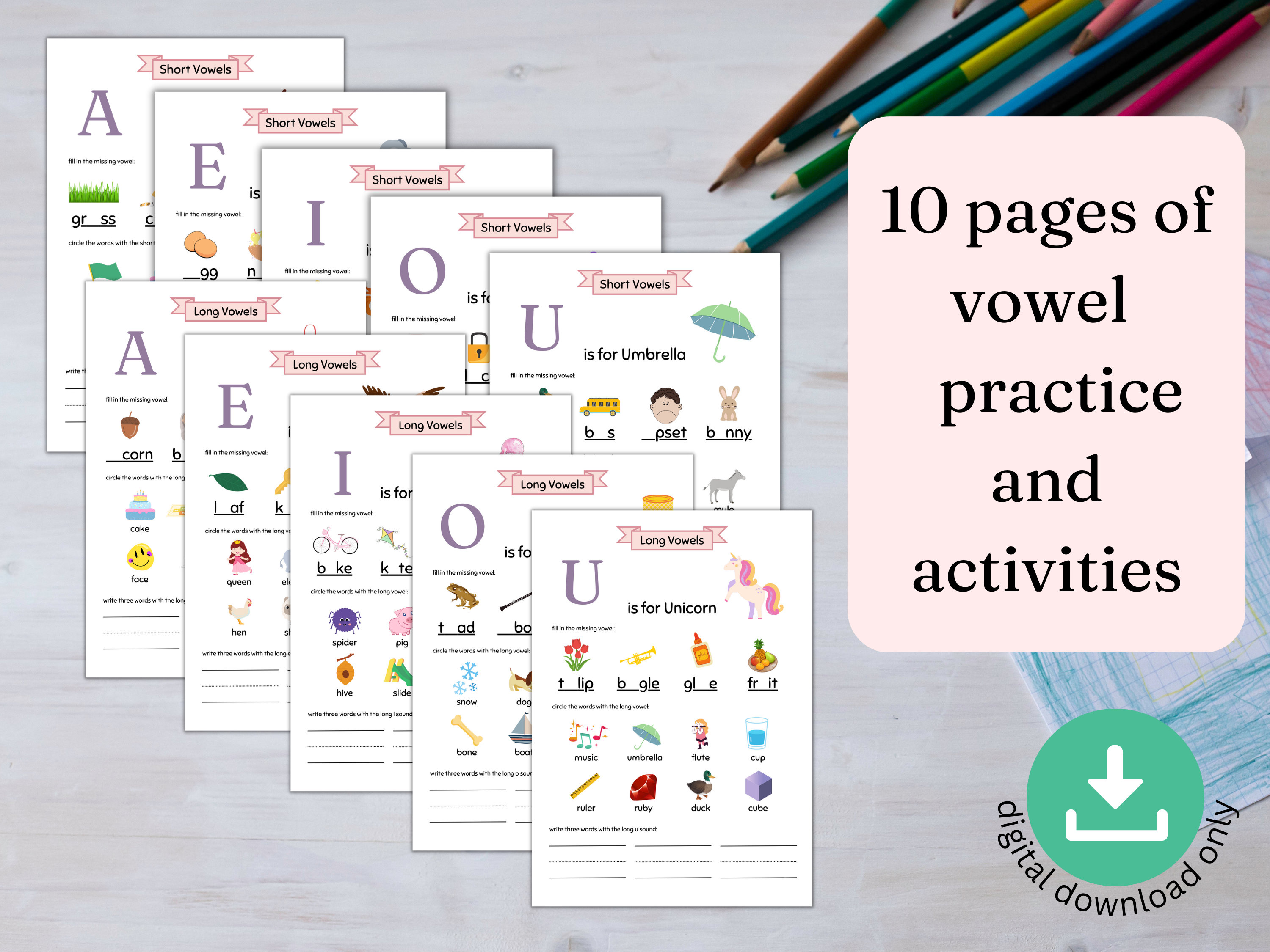 Vowel Worksheet Bundle, Long and Short Vowels, Homeschool Worksheets ...