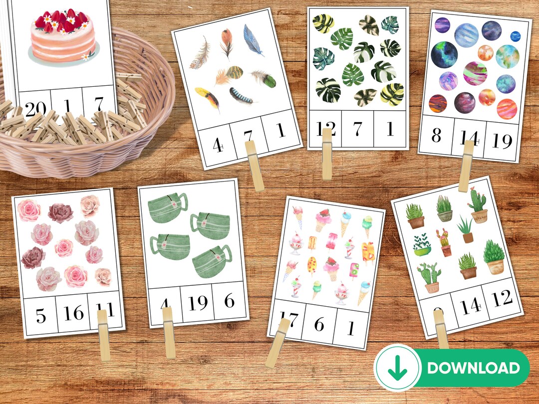 Count and Clip Cards, 1-20, Montessori Activity Cards, Kindergarten ...