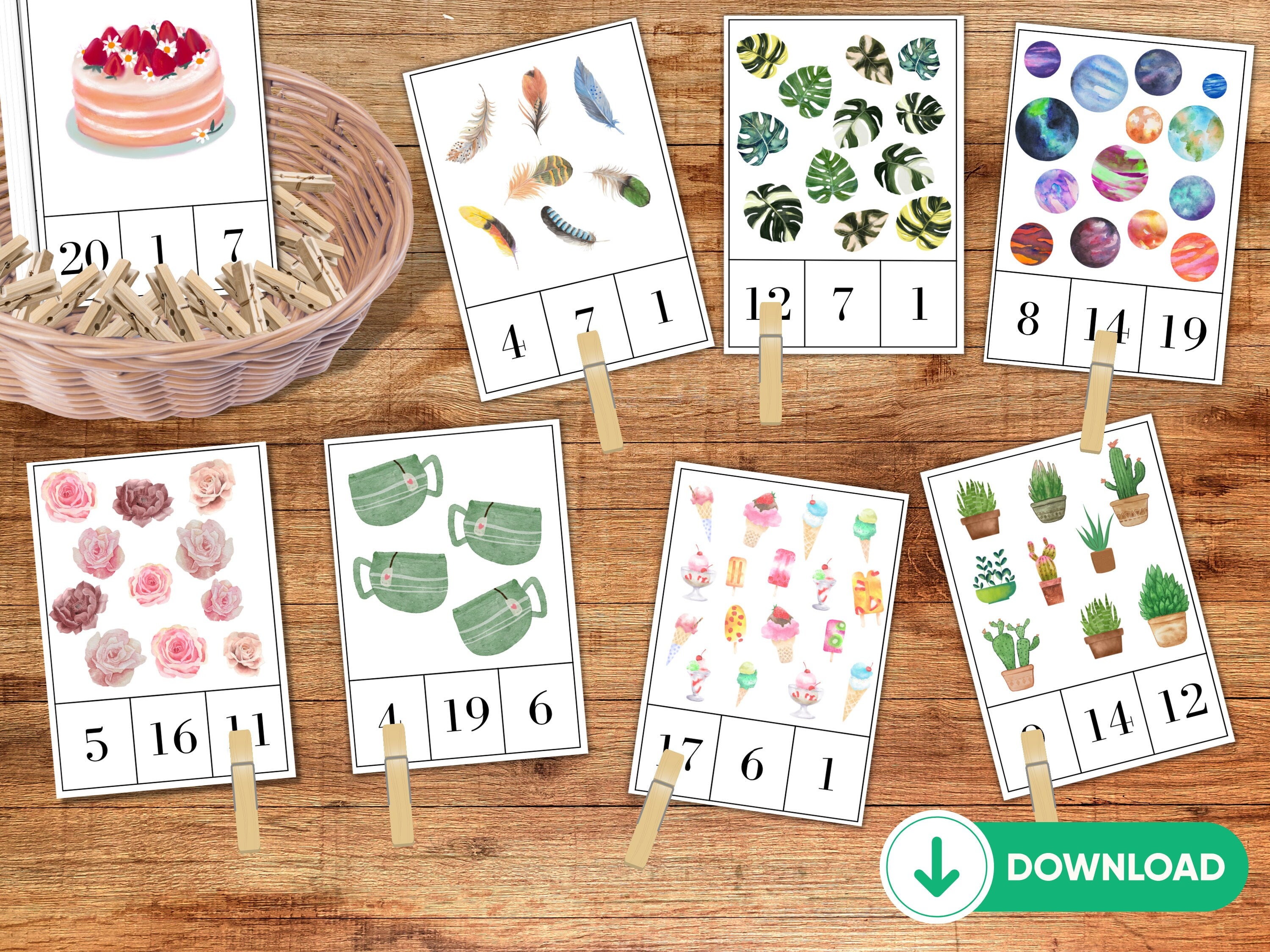 Count and Clip Cards, 1-20, Montessori Activity Cards, Kindergarten ...