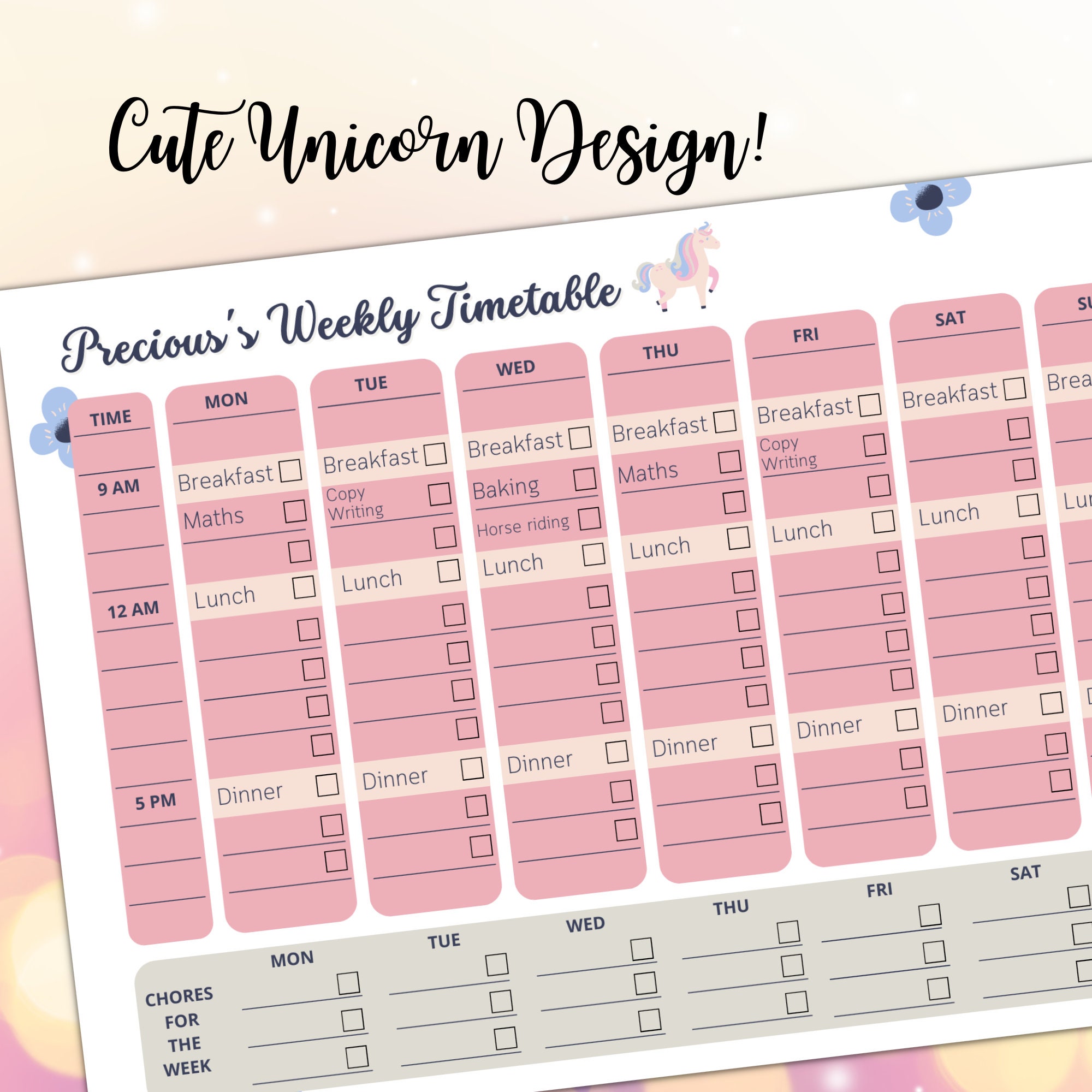 Unicorn Timetable for Kids, Children's Schedule, Weekly Planner, Visual ...