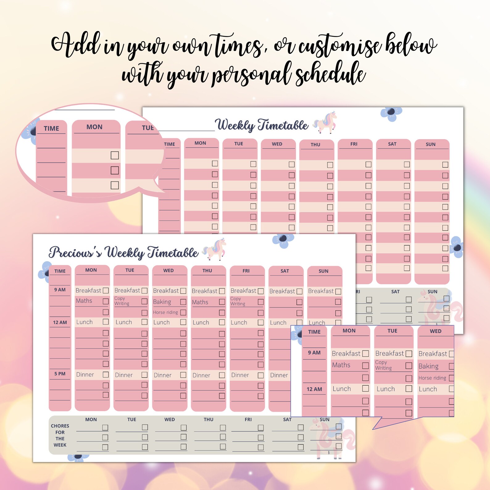 Unicorn Timetable for Kids, Children's Schedule, Weekly Planner, Visual ...
