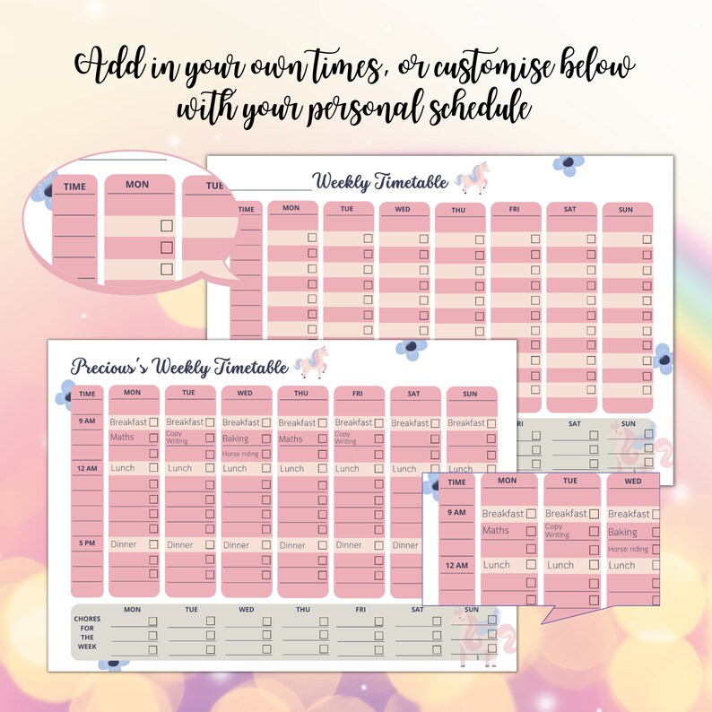 Unicorn Timetable for Kids, Children's Schedule, Weekly Planner, Visual ...
