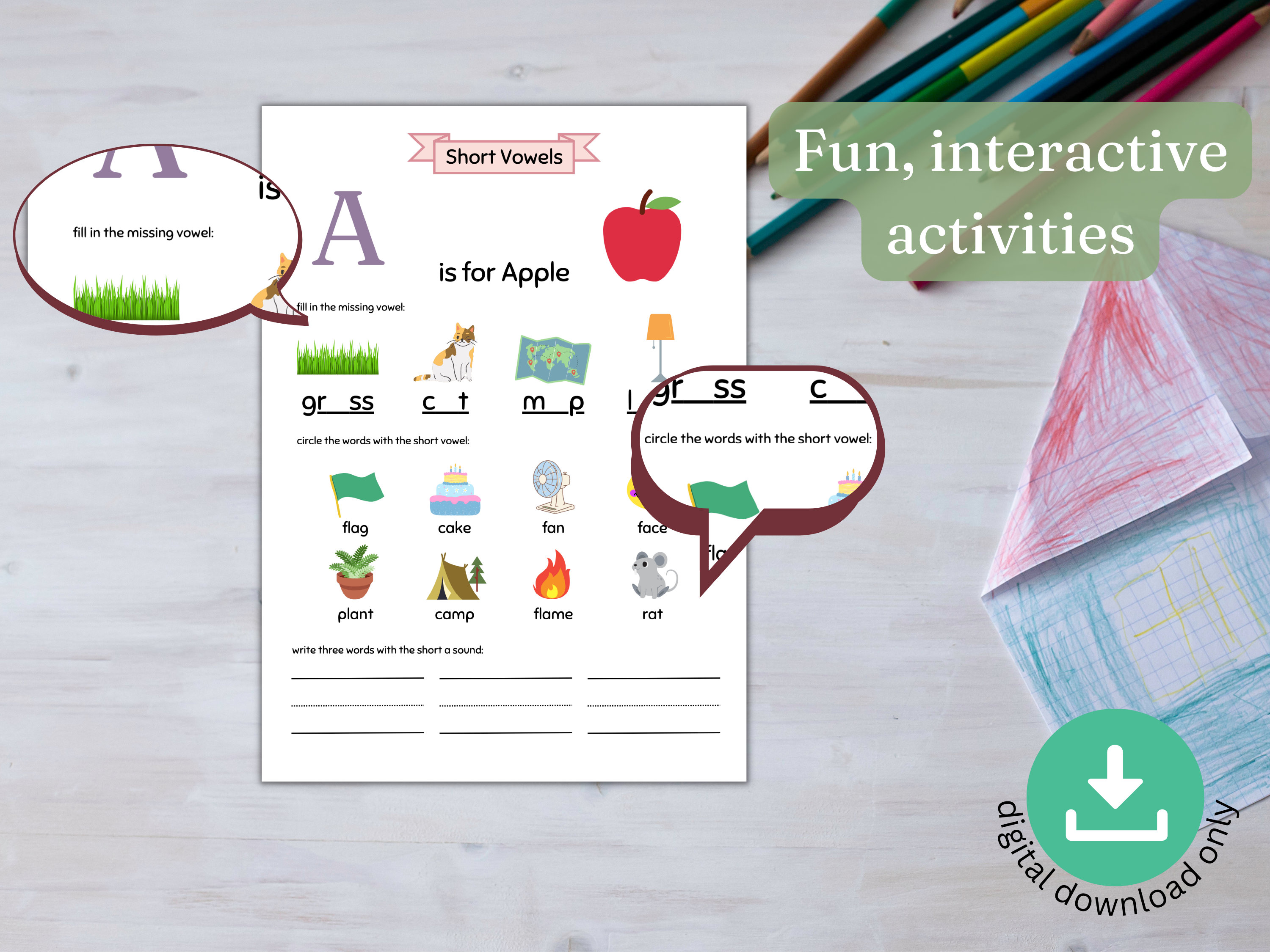 Vowel Worksheet Bundle, Long and Short Vowels, Homeschool Worksheets ...