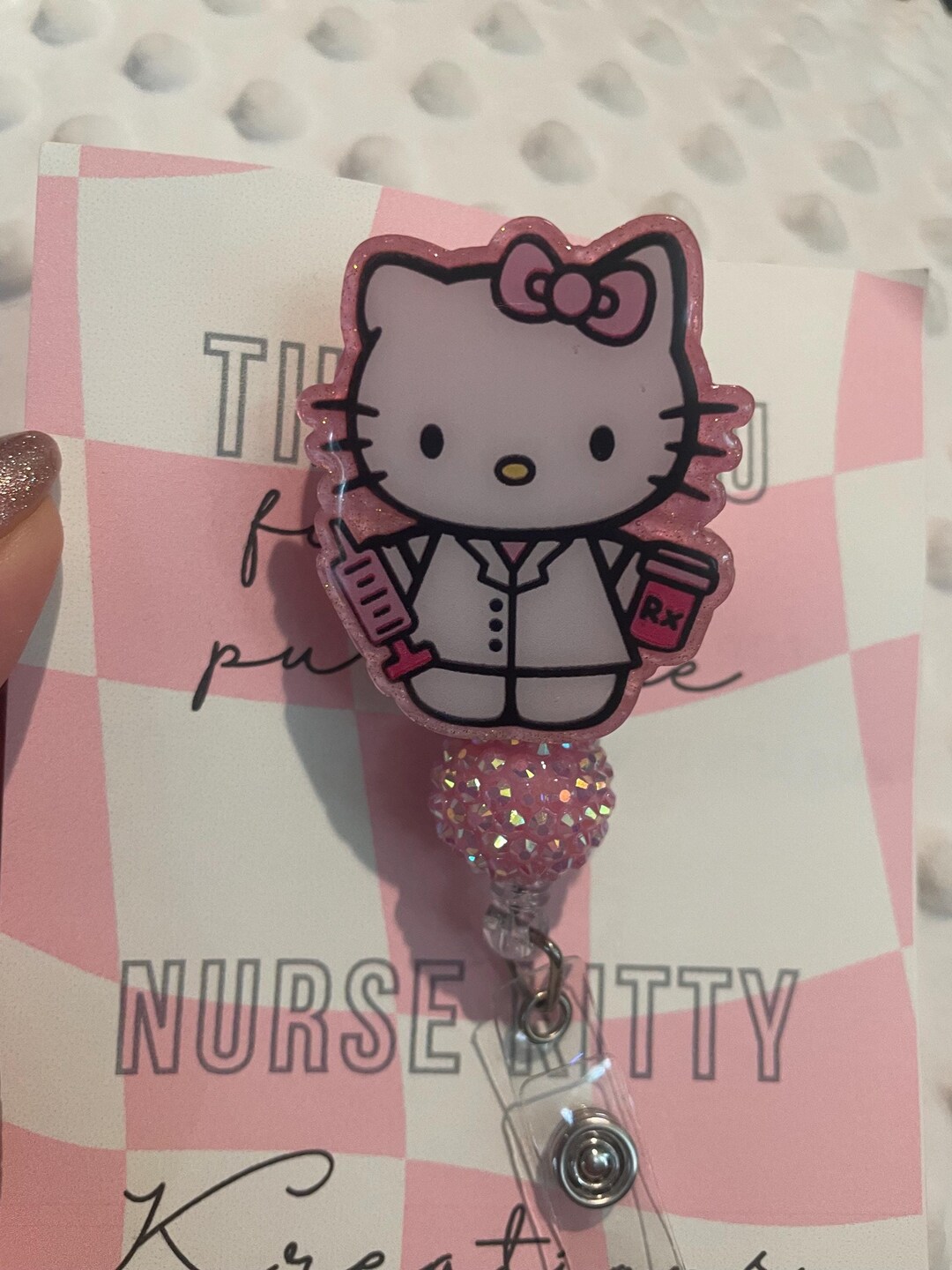 Kitty Nurse Badge Reel Gift ID Holder Beaded Badge Reel Retractable ...