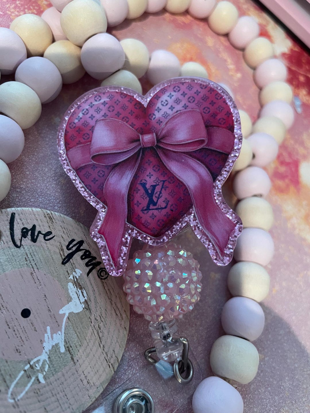 Bow Heart Design-er Badge Reel Gift ID Holder Beaded Badge Reel ...