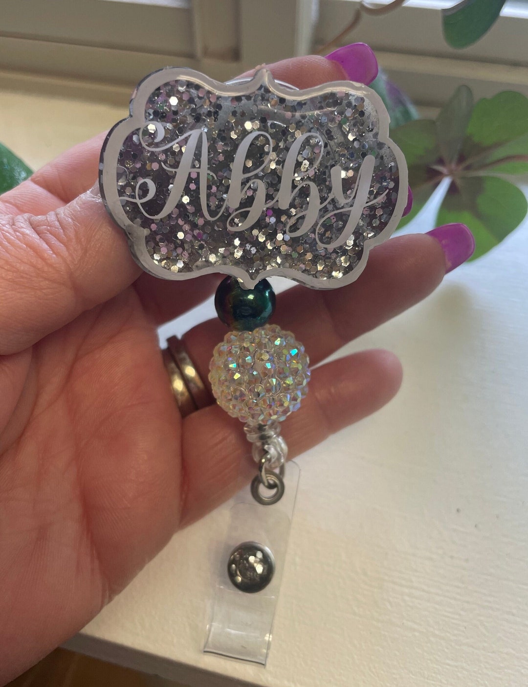 Glitter Badge Reel Personalized Gift ID Holder Beaded Badge Reel ...