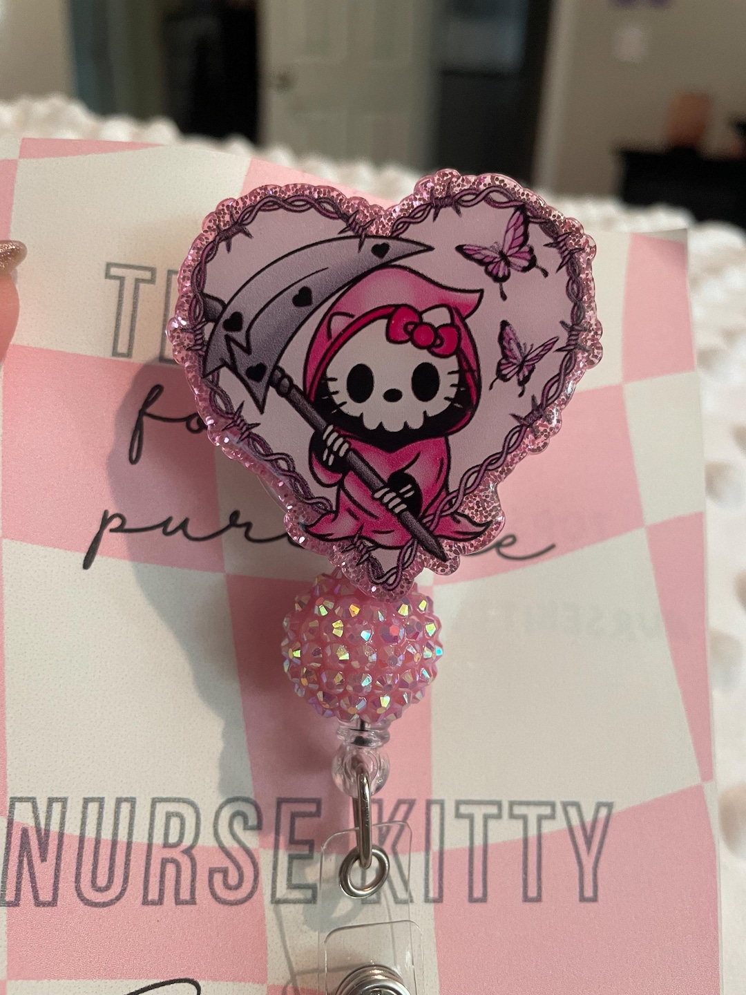 Halloween Grim Reaper Kitty Badge Reel: Beaded ID Holder - Etsy