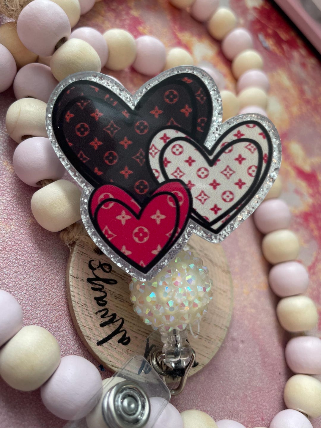 Heart Design-er Badge Reel Gift ID Holder Beaded Badge Reel Retractable ...