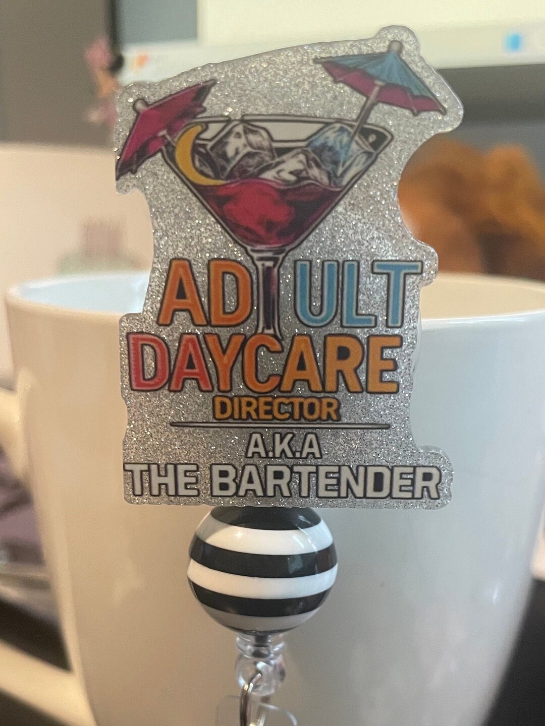 Adult Day Care / Bartender Badge Reel Gift ID Holder Beaded Badge Reel ...