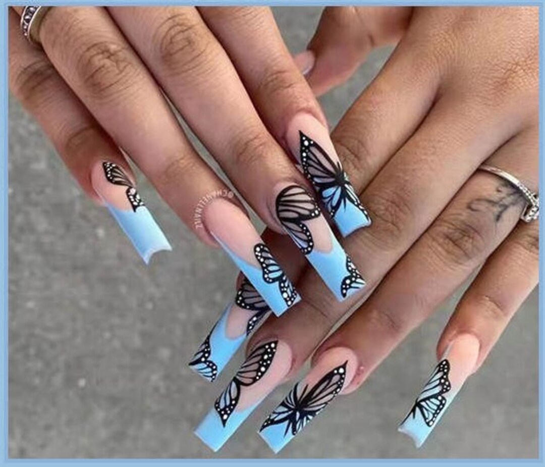 12 24 Pcs Ocean Blue Butterfly Nails Press On Press on Nail Medium ...