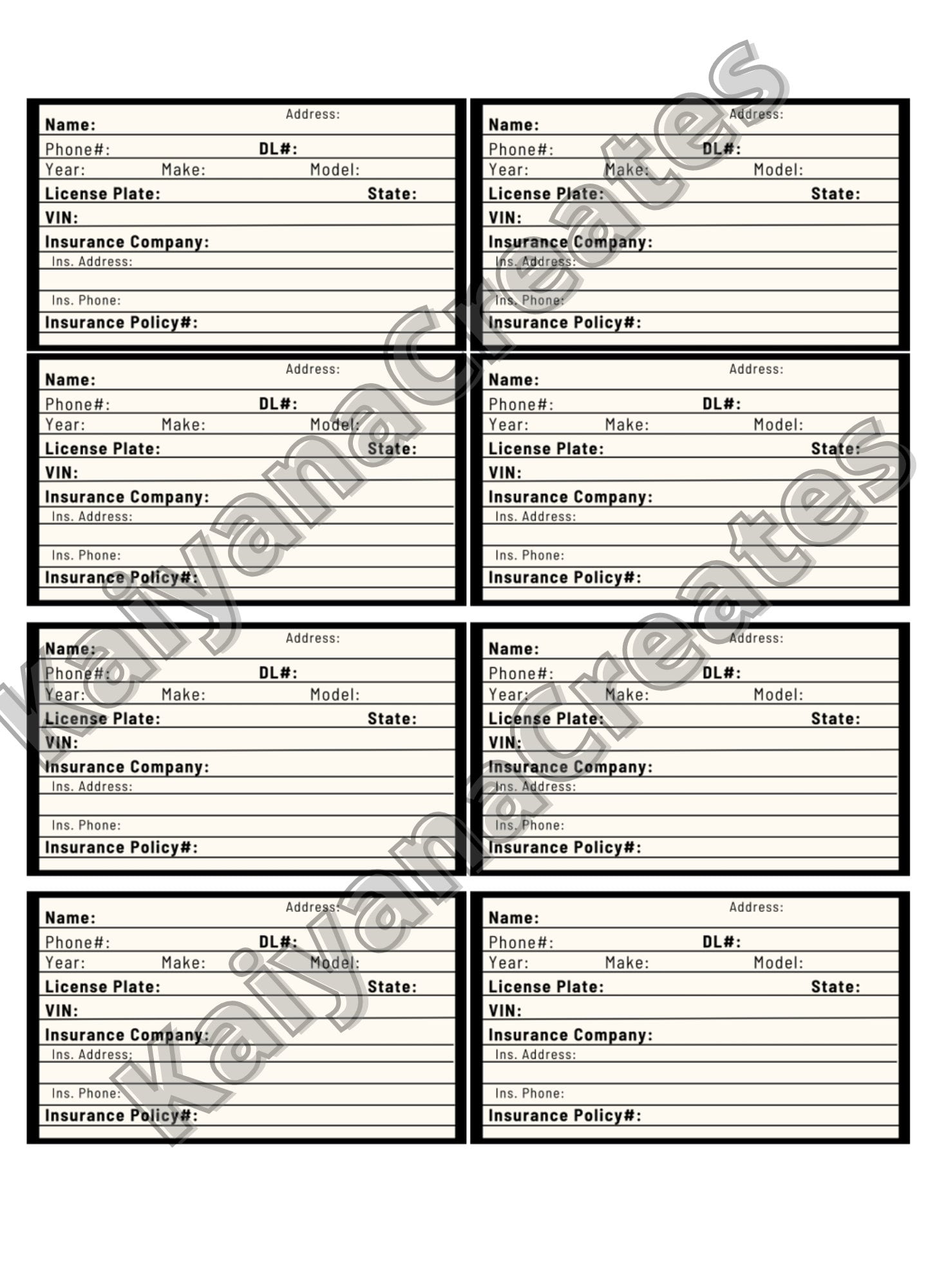 Car Accident Information Exchange Cards: Printable Emergency Forms ...