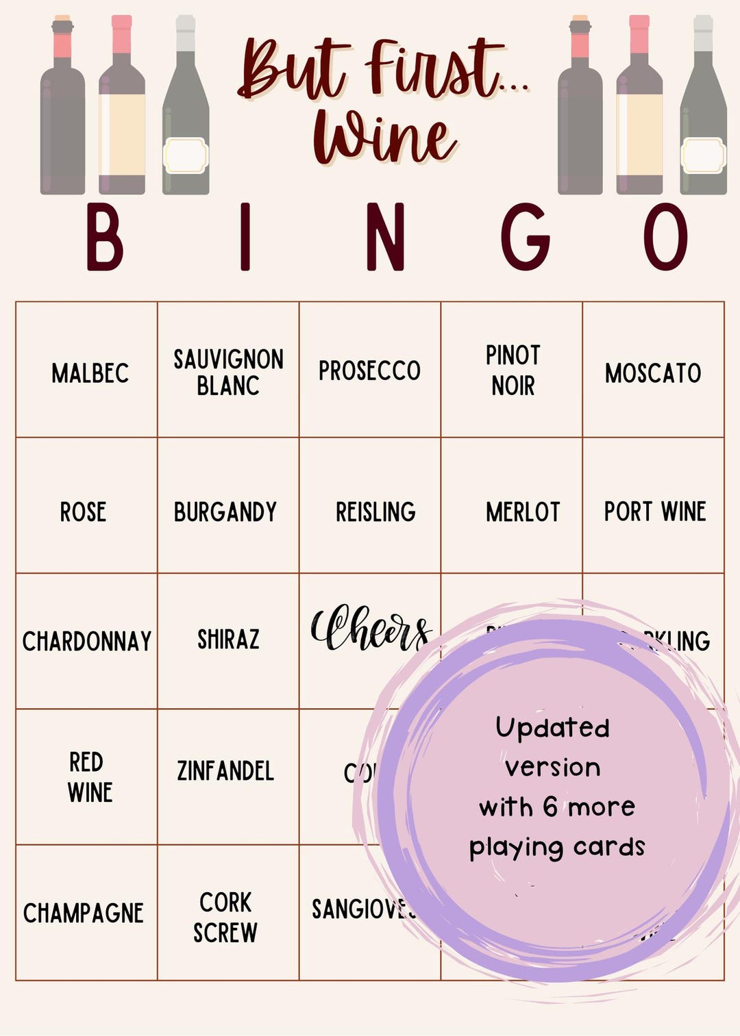 But First Wine Bingo | Wine Party Games | Wine Tasting Party | Wine ...