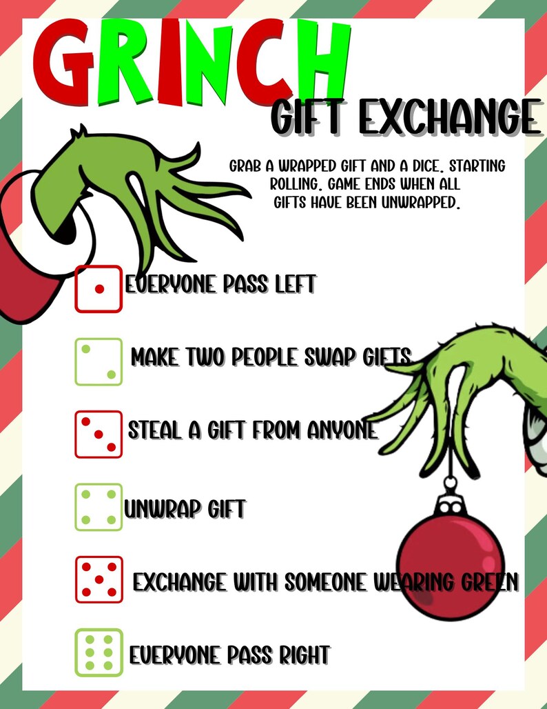 Grinch-inspired Gift Exchange Dice Game | Christmas Party Game ...