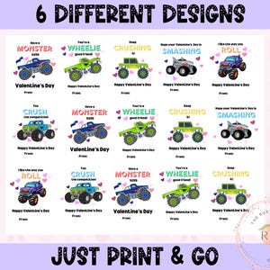 Monster Truck Valentine Cards Printable Wheelie Kids Valentines School ...