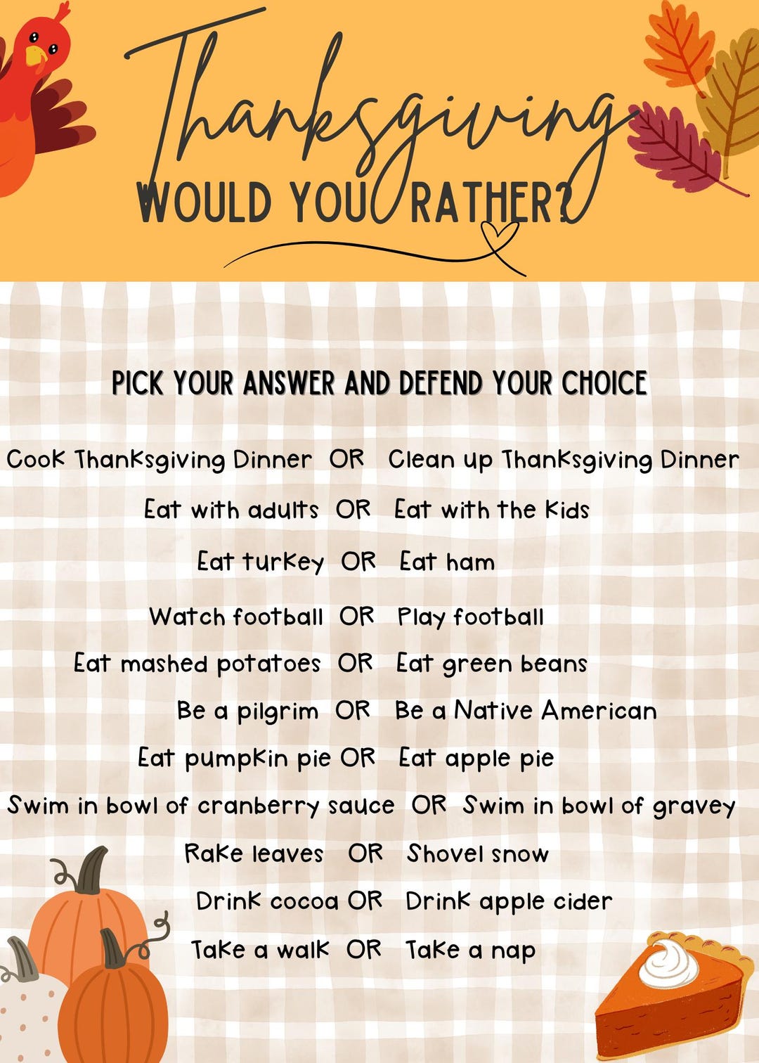 Thanksgiving Would You Rather Game: Fun for All Ages (digital Download ...