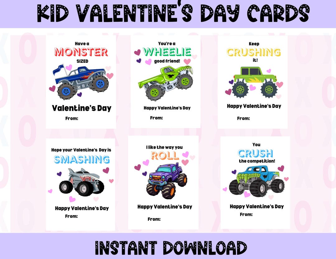 Monster Truck Valentine Cards Printable Wheelie Kids Valentines School ...