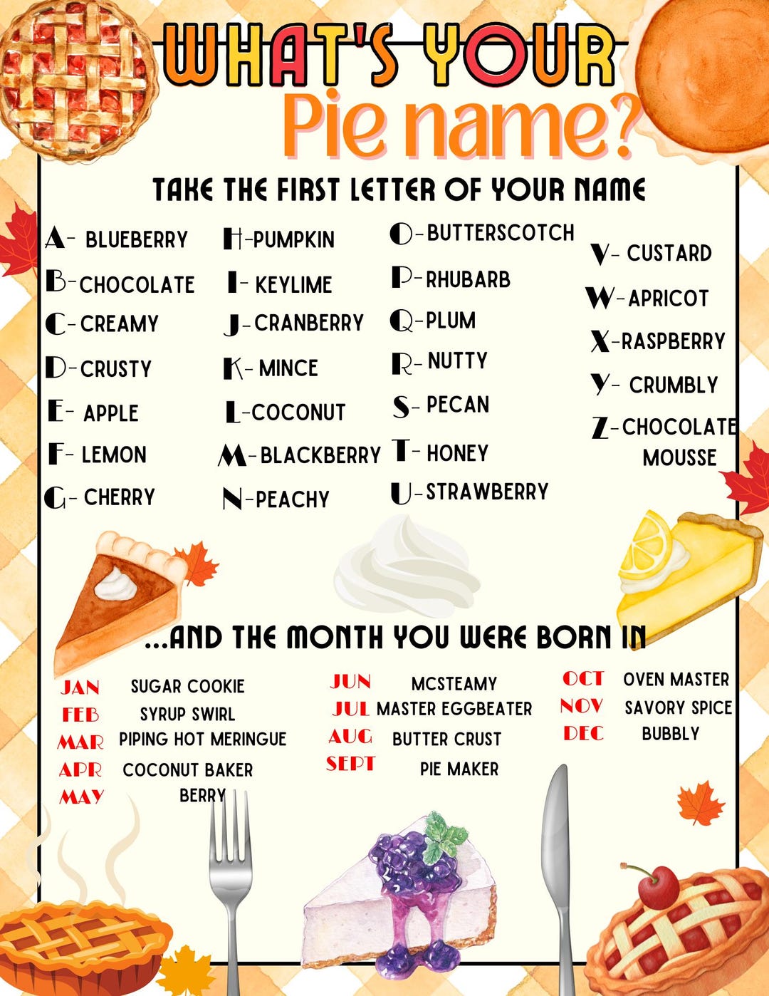 What's Your Pie Name Game With Name Tags and Sign, Fall Thanksgiving ...