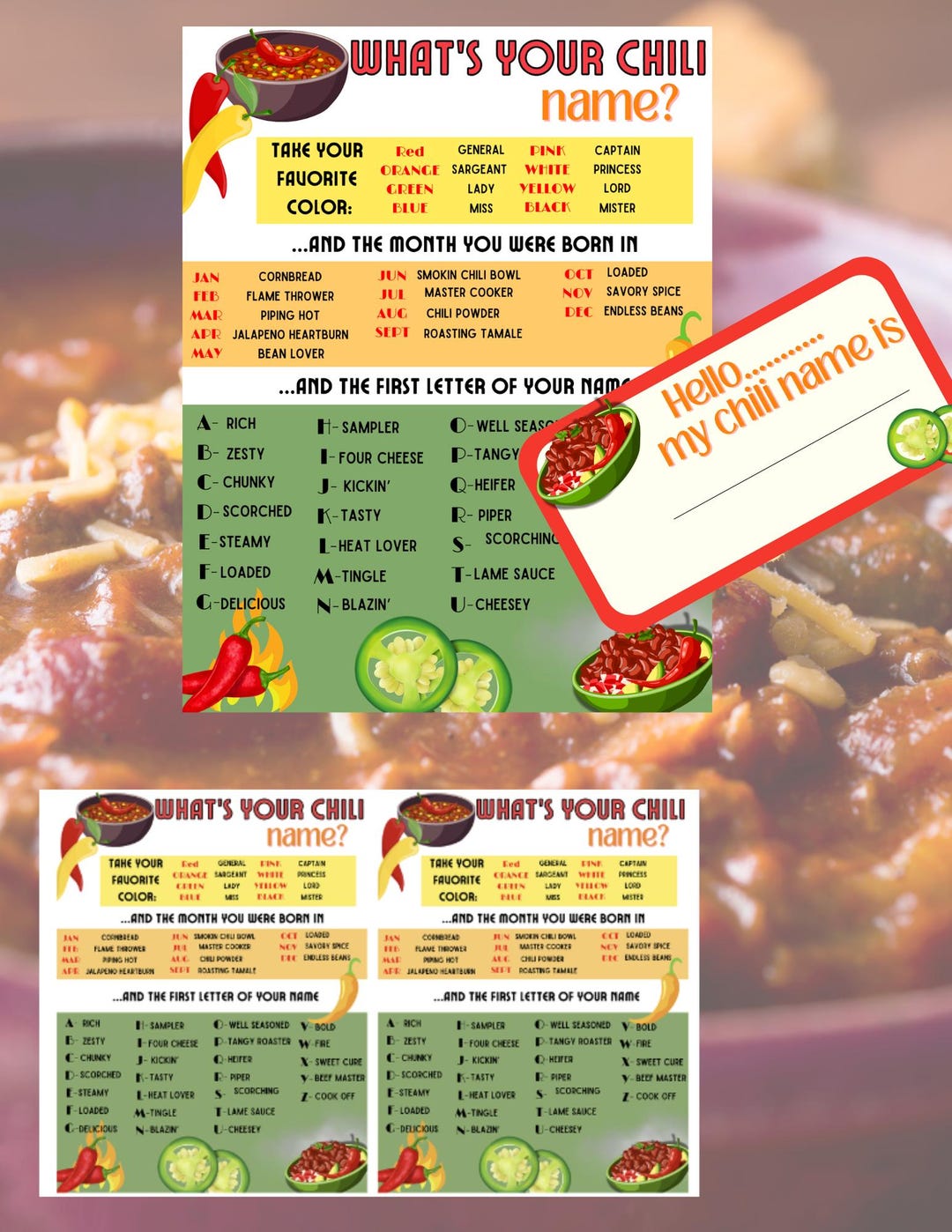What's Your Chili Name Game With Printable Name Tags, Chili Party Game ...
