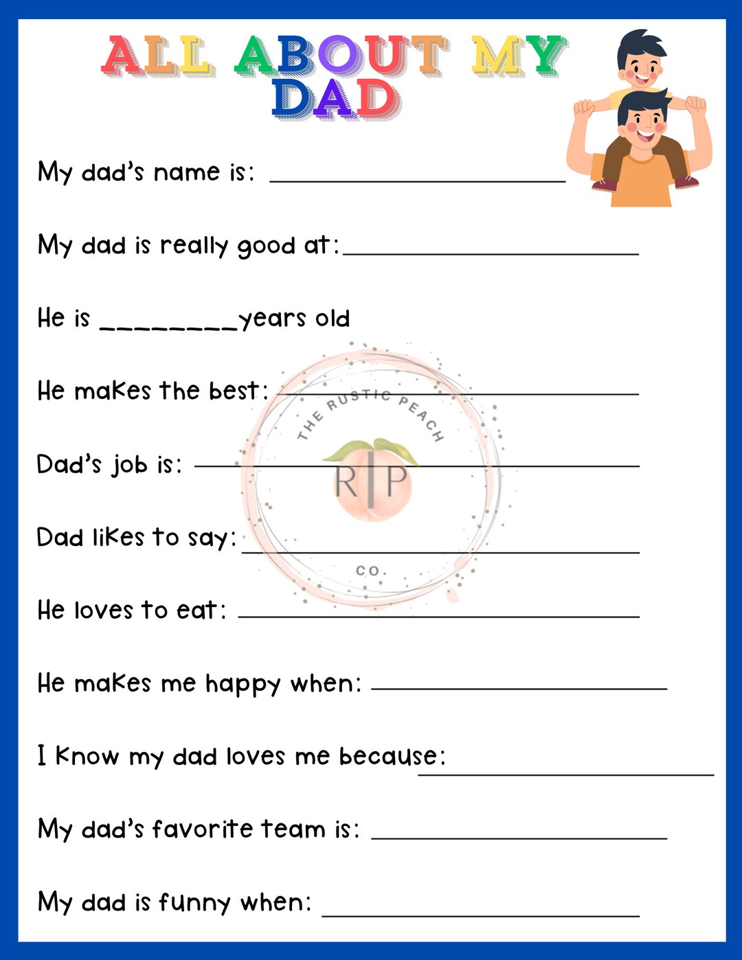 FATHER'S DAY GIFT All About Dad Printable kids Fathers Day Dad Gift ...