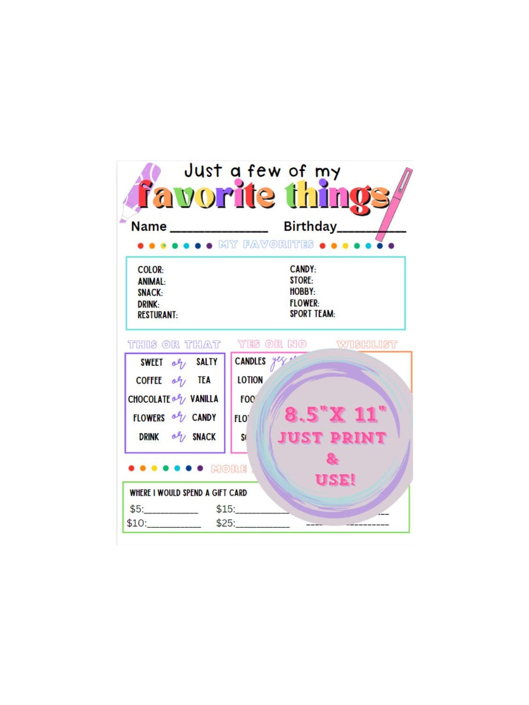Teacher Favorites List Printable Teacher Survey Back to School Teacher ...