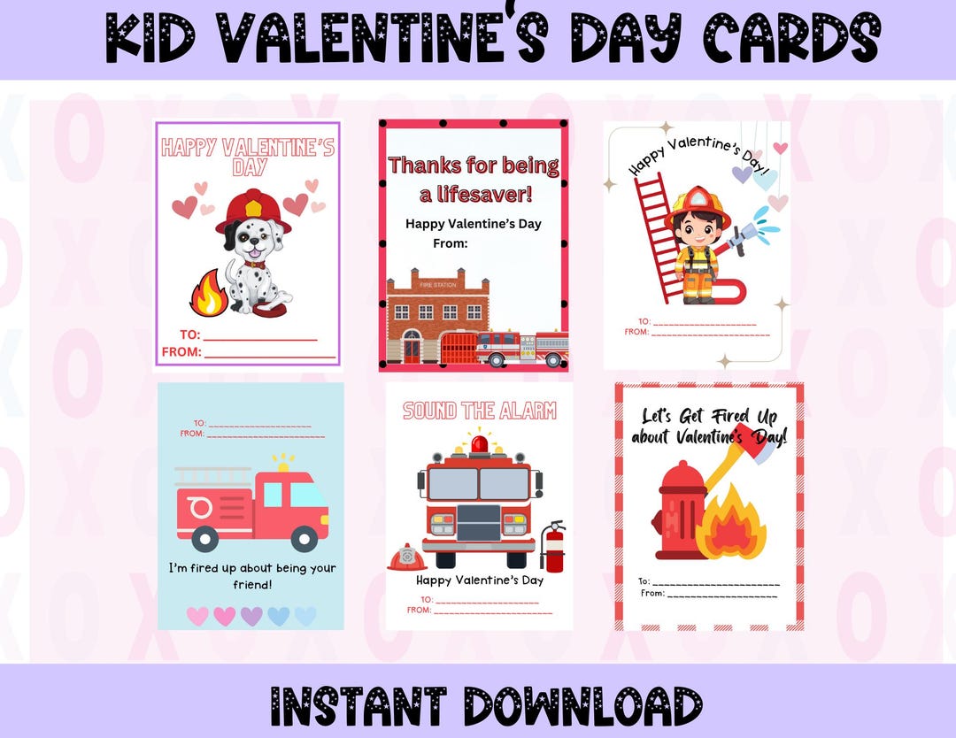 Firetruck Valentine Cards - PRINTABLE - Firefighter - Fireman - Fire ...
