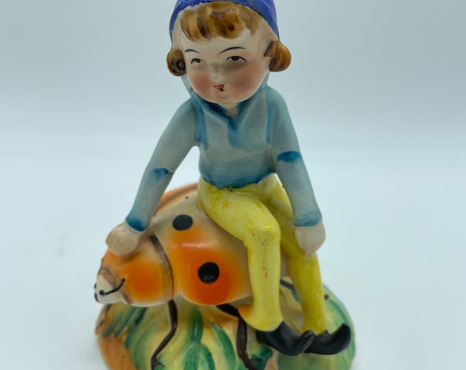 Vintage Ceramic Pixie Fairy Elf Riding on Lady Bug Figurine Made in ...