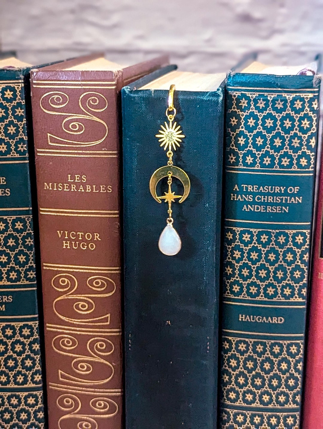 Celestial Gold Hook Bookmark With Moon and Stars, Opal Gem, for ...