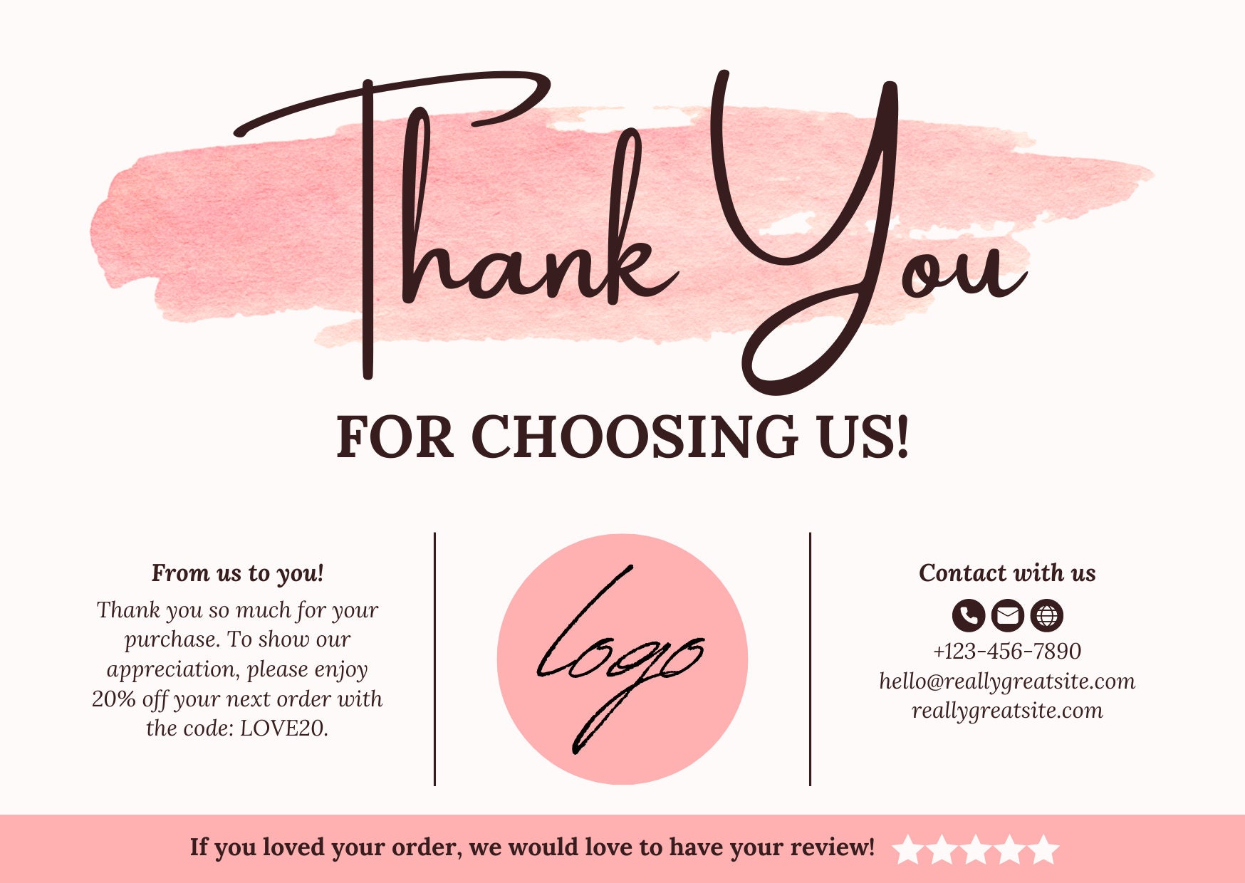 Pink and Black Thank You Card Template, Small Business, Editable With Canva, Customizable Thank ...