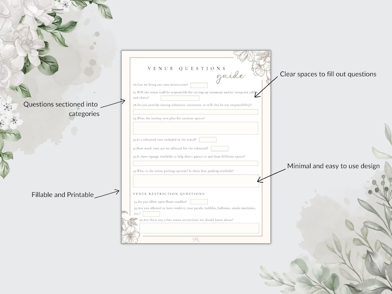 Wedding Venue Questions Checklist | Planning PDF (fillable & Printable ...