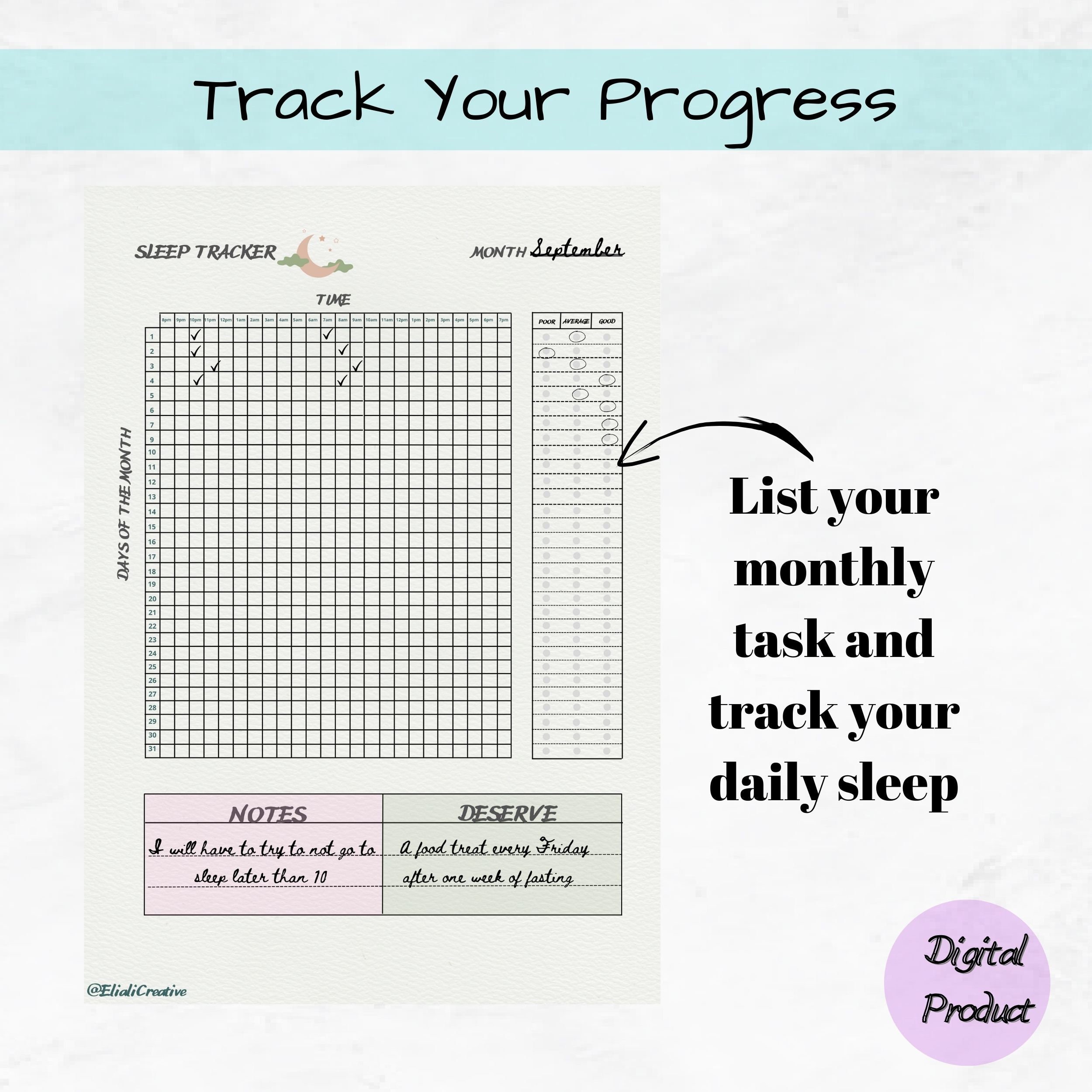 Monthly Sleep Quality Chart, Track Nightly Sleep Quality Each Day Sleep ...