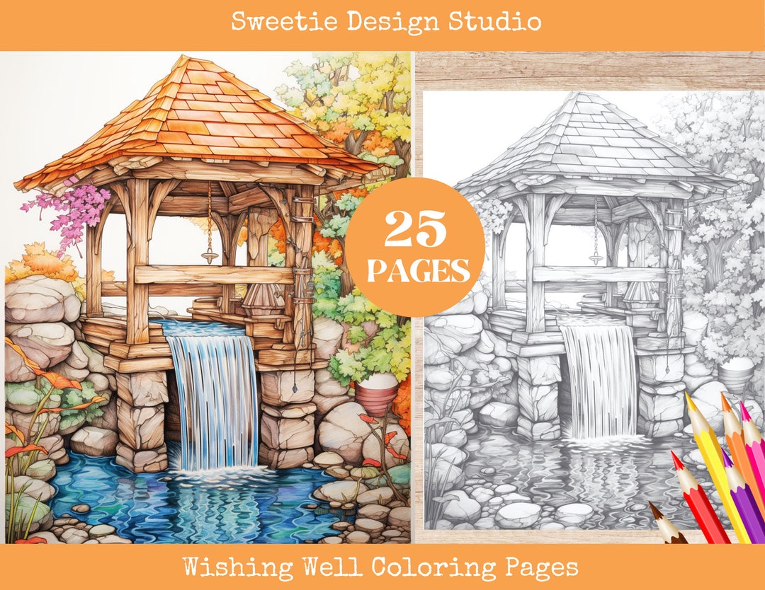 Wishing Well Coloring Page Beautiful Landscape Coloring Page - Etsy