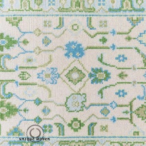 Modern Oushak Rug – Sea Blue Border & Olive Green Blue Accent Rug ...