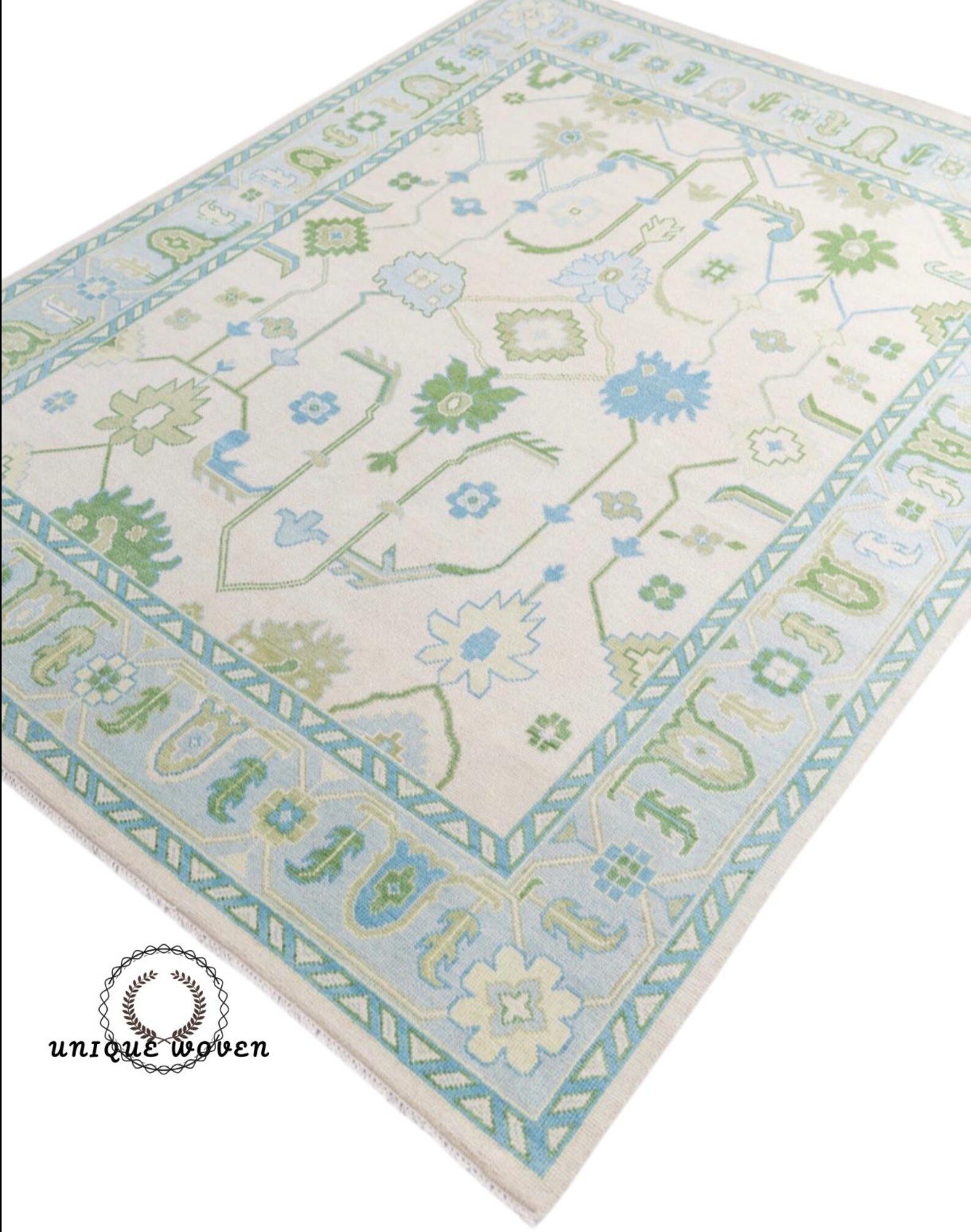 Modern Oushak Rug – Sea Blue Border & Olive Green Blue Accent Rug ...