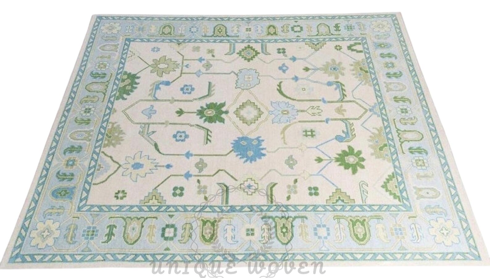 Modern Oushak Rug – Sea Blue Border & Olive Green Blue Accent Rug ...