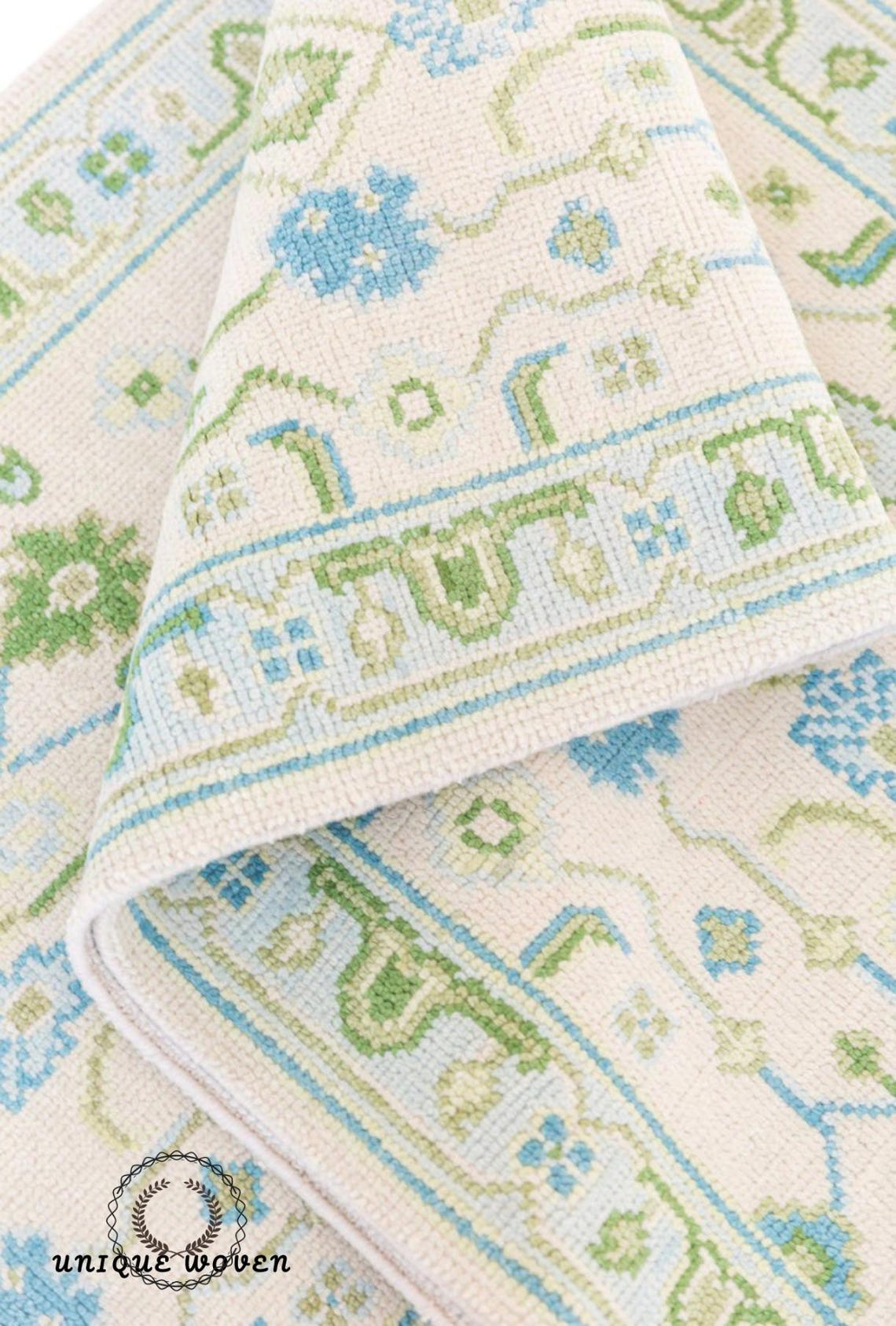 Modern Oushak Rug – Sea Blue Border & Olive Green Blue Accent Rug ...