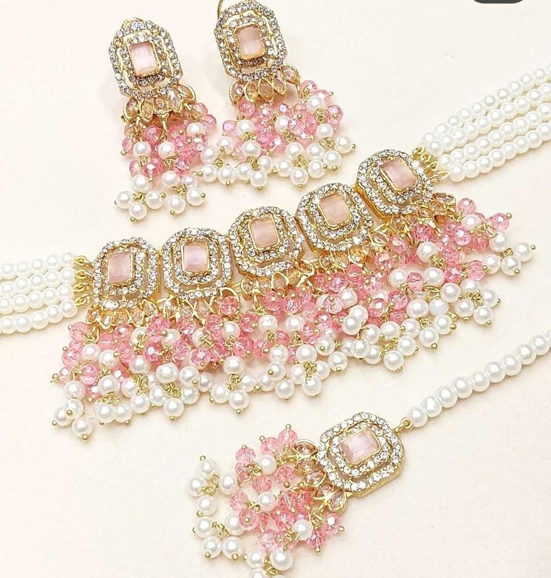 Light Pink Necklace Pink Golden Choker Pink Necklace Indian Jewellery ...