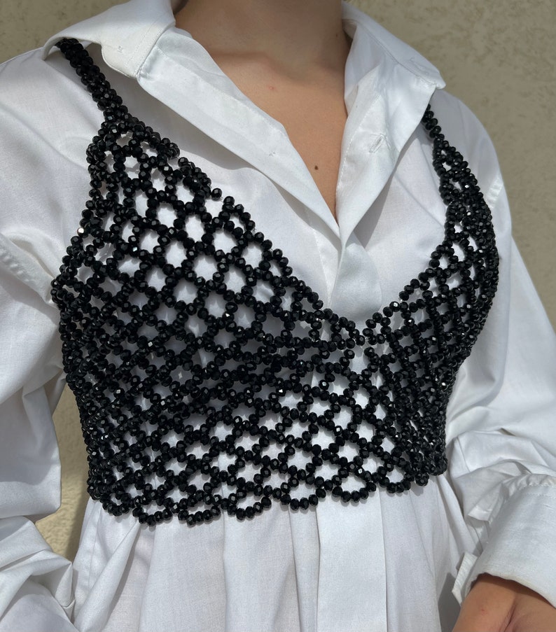 Black Crop Corset Top Beaded Chain Lace Bralette Dark Rave - Etsy