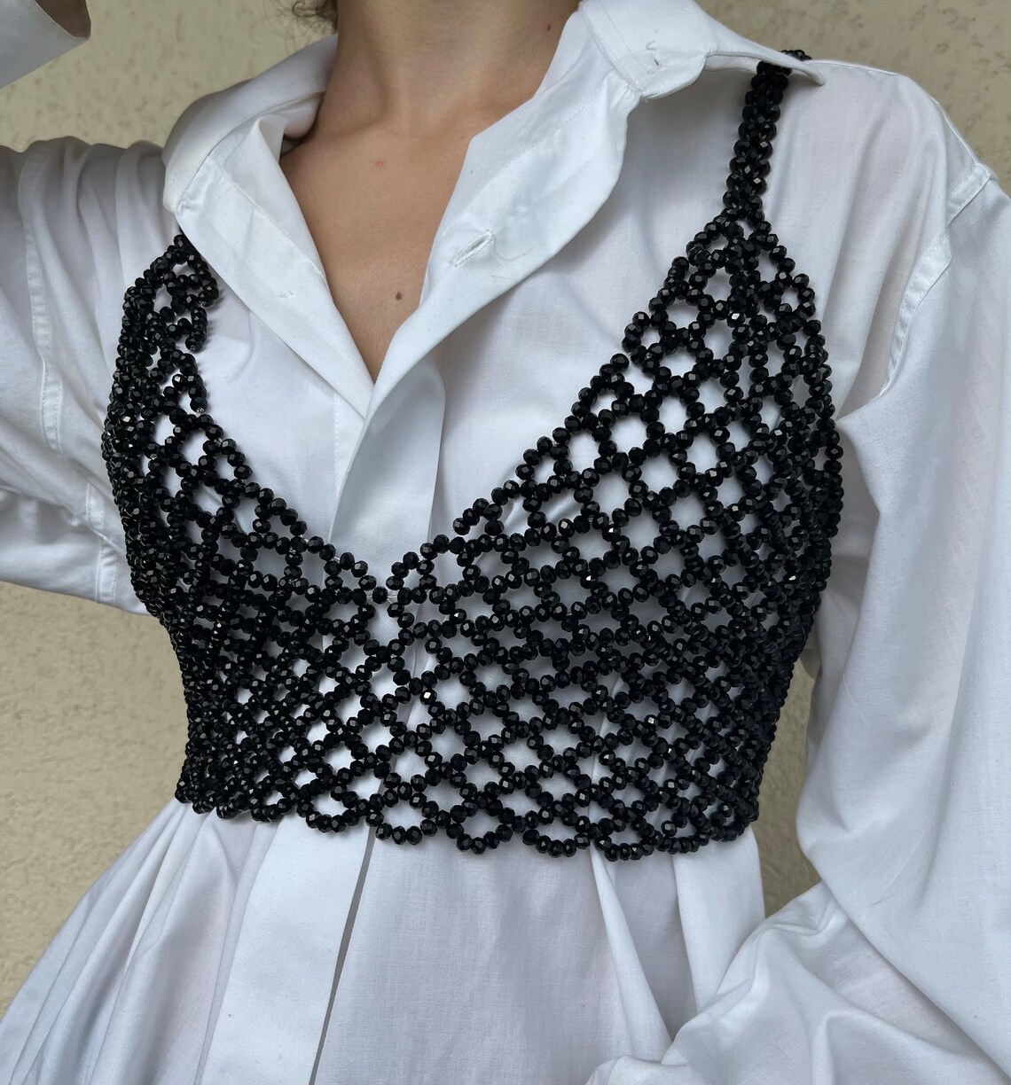 Black Crop Corset Top Beaded Chain Lace Bralette Dark Rave - Etsy