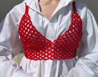 Unique Pearl Crop Corset Top, Beaded Chain Lace Bralette, Rave Outfit ...