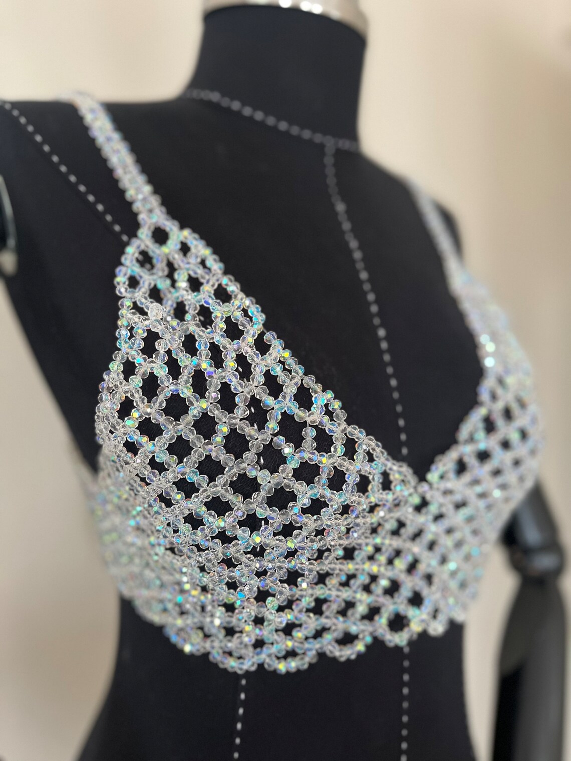 Crystal White Pearl Crop Corset Top, Beaded Chain Lace Bralette, Rave ...