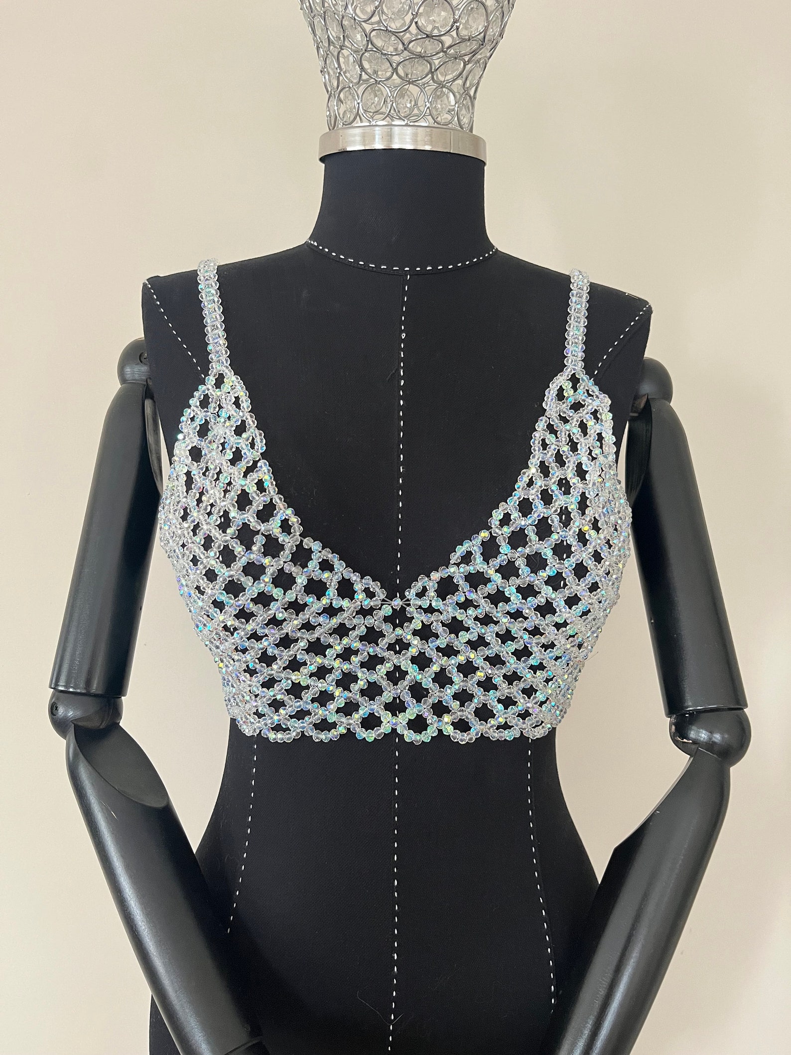 Crystal White Pearl Crop Corset Top, Beaded Chain Lace Bralette, Rave ...