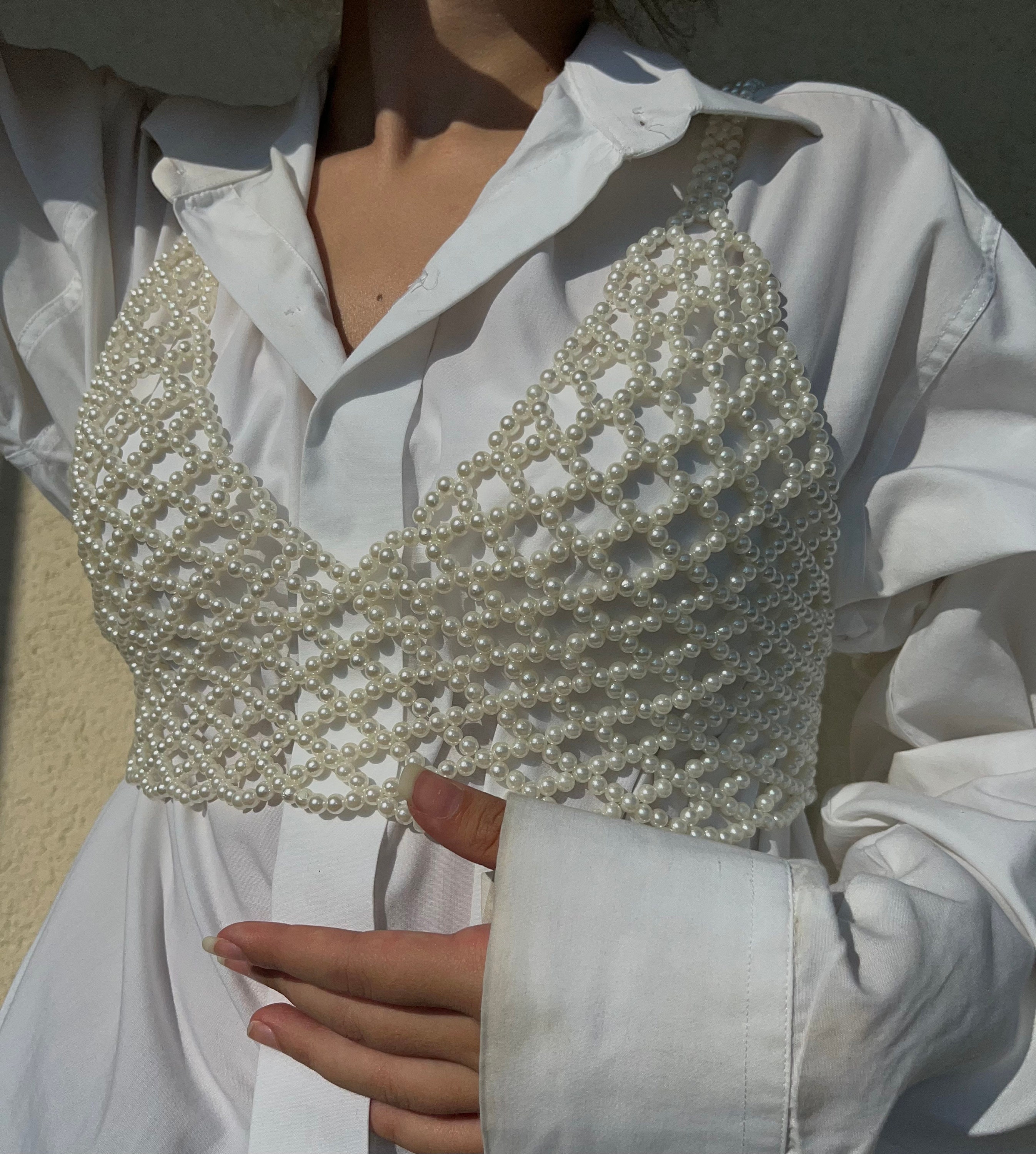 Unique Pearl Crop Corset Top, Beaded Chain Lace Bralette, Rave Outfit ...