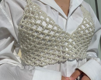 Crystal White Pearl Crop Corset Top, Beaded Chain Lace Bralette, Rave ...