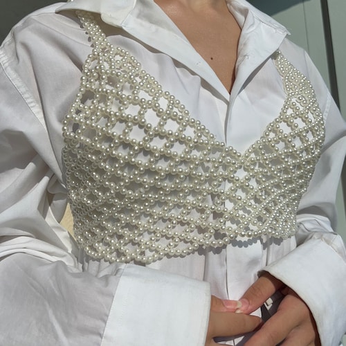 Unique Pearl Crop Corset Top Beaded Chain Lace Bralette Rave - Etsy