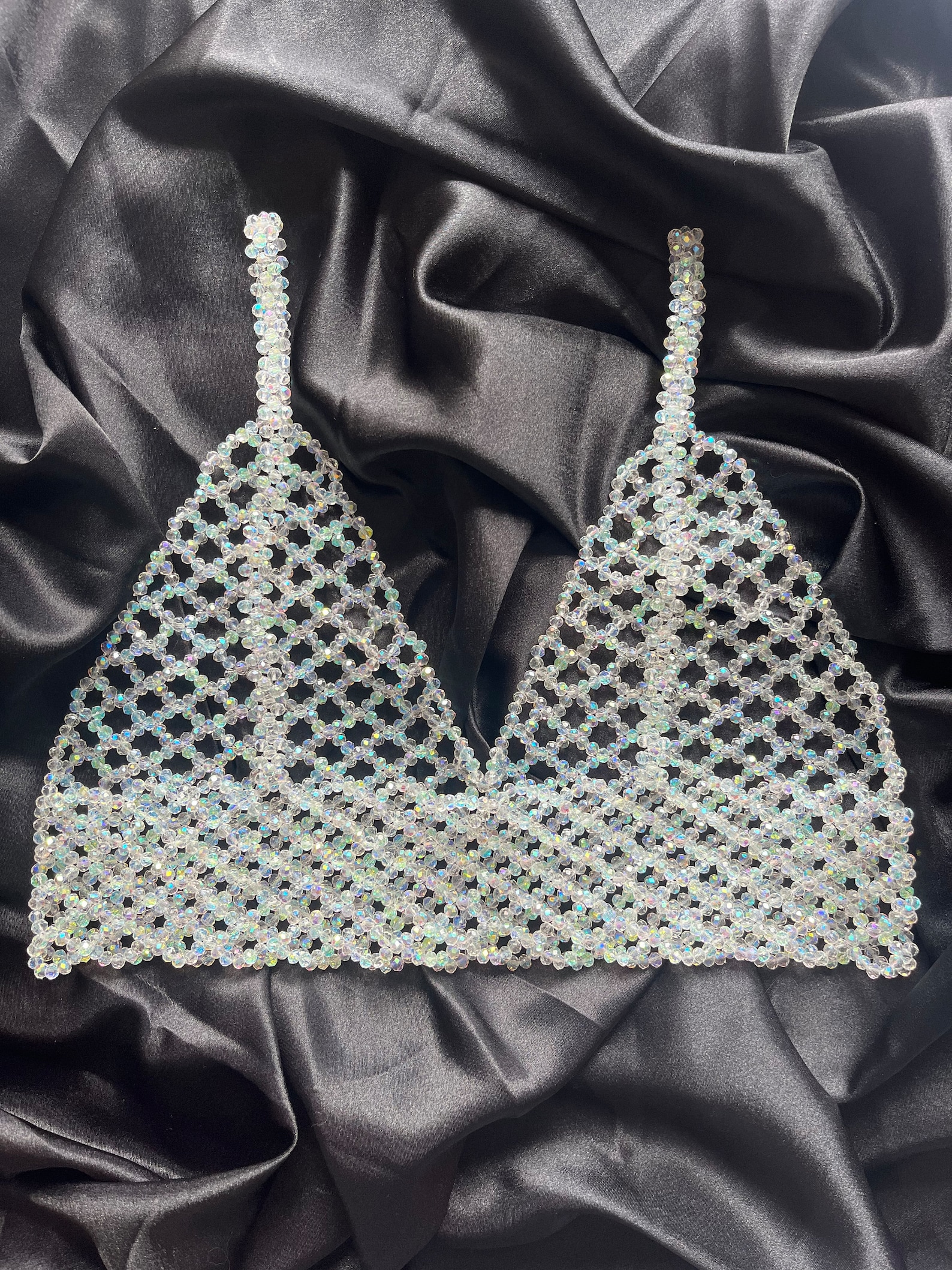 Crystal White Pearl Crop Corset Top, Beaded Chain Lace Bralette, Rave ...