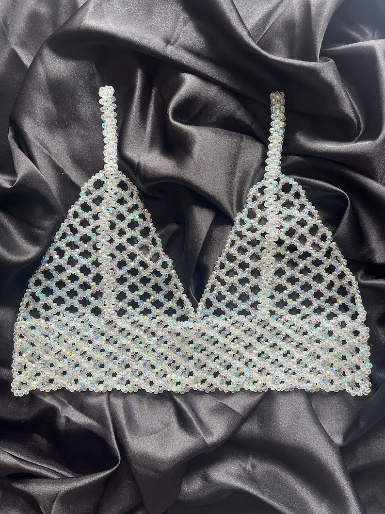 Crystal White Pearl Crop Corset Top, Beaded Chain Lace Bralette, Rave Outfit, Hand Braided Pearl ...