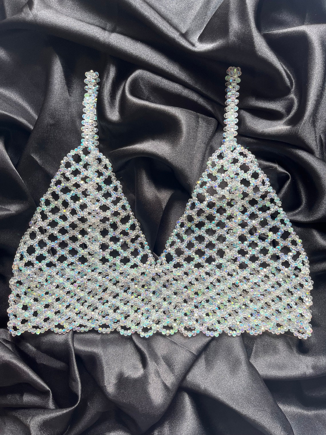 Crystal White Pearl Crop Corset Top, Beaded Chain Lace Bralette, Rave ...